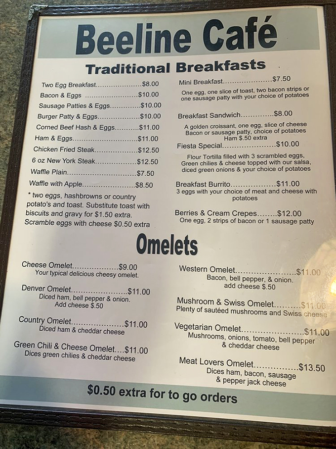 Breakfast bliss awaits! This menu is a roadmap to happiness, featuring everything from classic two-egg breakfasts to indulgent Berries & Cream Crepes.