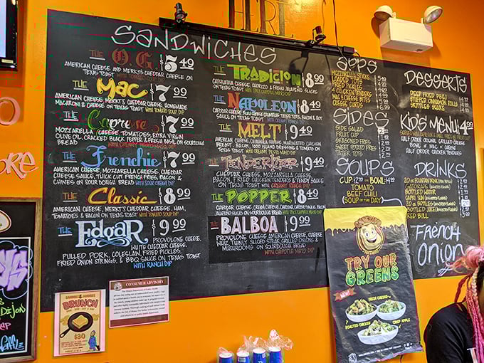 Decisions, decisions! This menu board is a cheese lover's dream, offering a mouthwatering array of grilled cheese creations that'll make your taste buds dance.