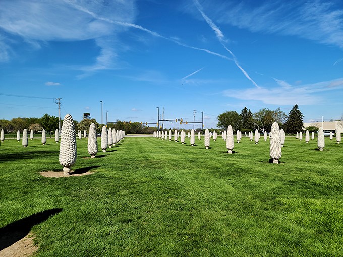 Rows and rows of pearly white giants. It's like someone planted the Stay Puft Marshmallow Man's dental records.