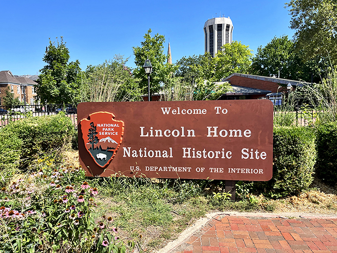 Welcome to Honest Abe's crib! This sign might as well say, "Time travelers, your destination has arrived."