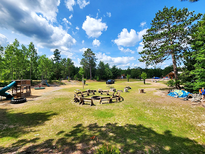 Imagine a summer camp designed by Salvador Dali. That's Lakenenland for you &ndash; where picnic tables meet peculiar sculptures in a pine-scented playground.