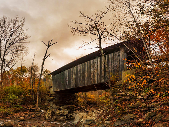 Autumn's grand finale: This bridge puts on a show that rivals Broadway, with leaves as the dazzling cast and the sky as the dramatic backdrop.