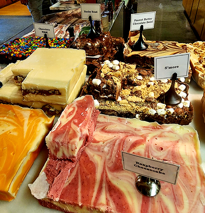 Fudge heaven alert! From classic chocolate to wild concoctions, this display is sweeter than your grandma's smile on cookie-baking day.