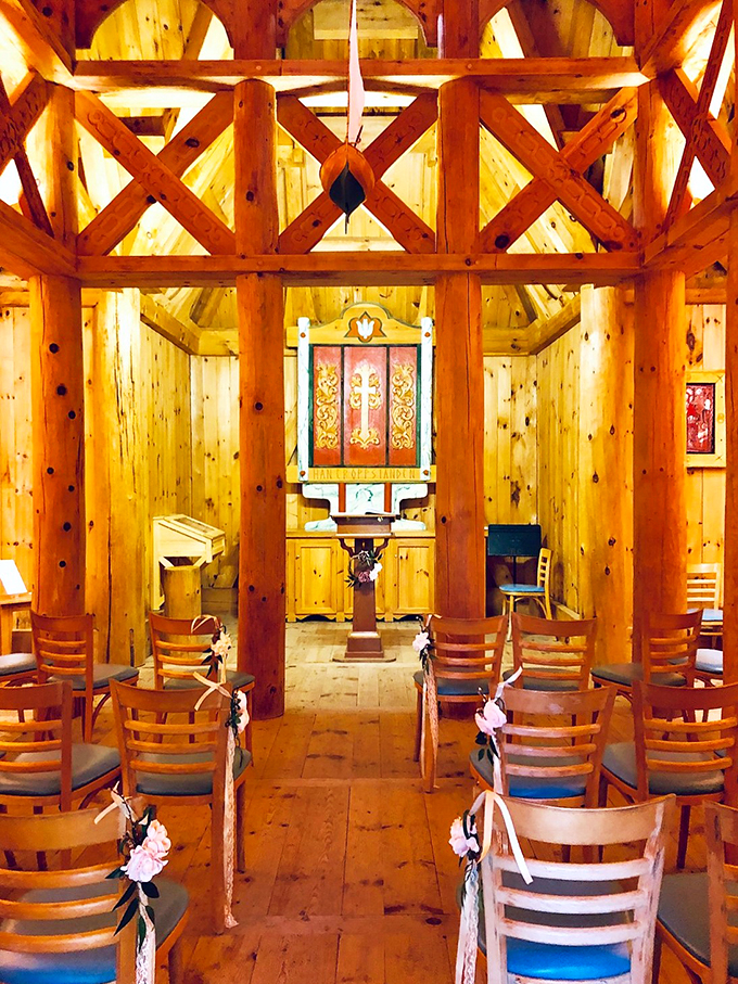 Honey, I shrunk the Viking longhouse! The warm glow of pine envelops you, making even the least spiritual feel a touch divine.