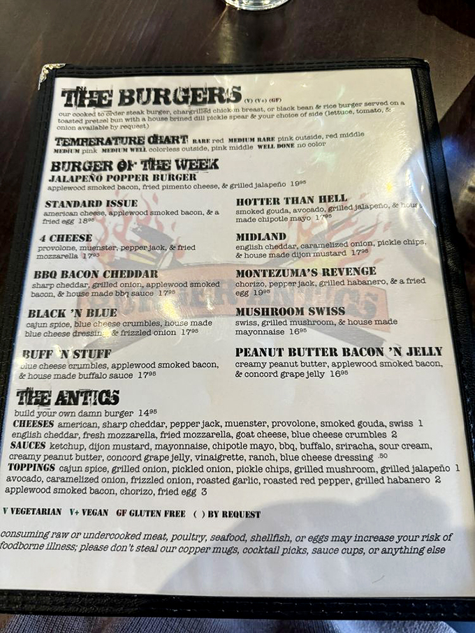 Behold, the sacred text of burger bliss! This menu is a roadmap to taste bud nirvana.