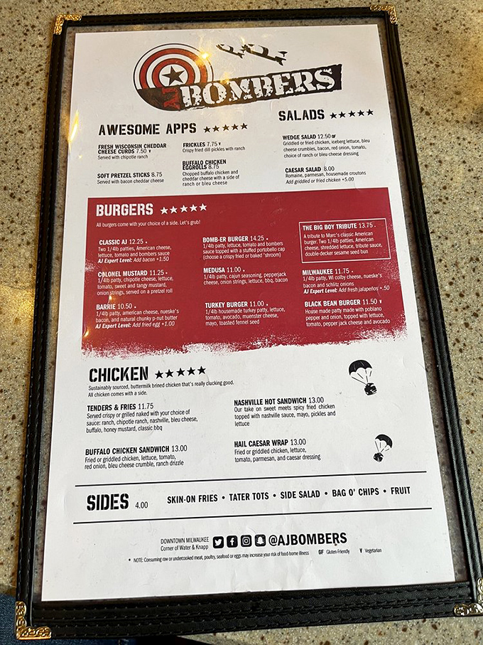 Decisions, decisions! AJ Bombers' menu is a treasure map of taste, guiding you to your next favorite meal.