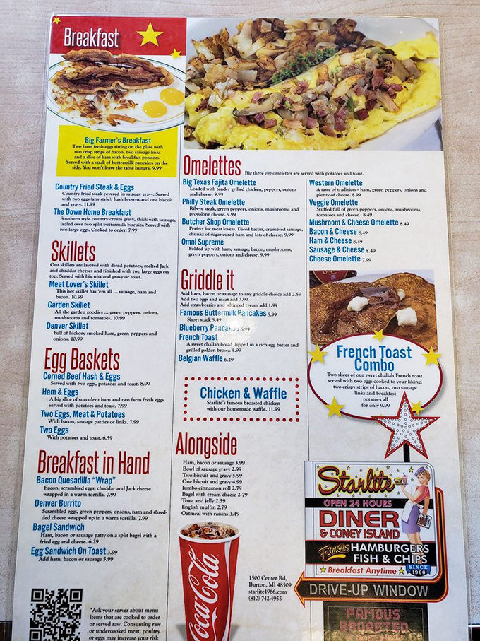 A menu that reads like a greatest hits album of diner classics. From "Griddle It" to "Egg Baskets," every page is a culinary adventure waiting to happen.