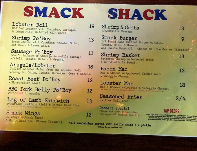Behold, the treasure map of taste! The Smack Shack menu at The 1029 Bar is a siren song of seafood that would tempt even the most landlocked landlubber.