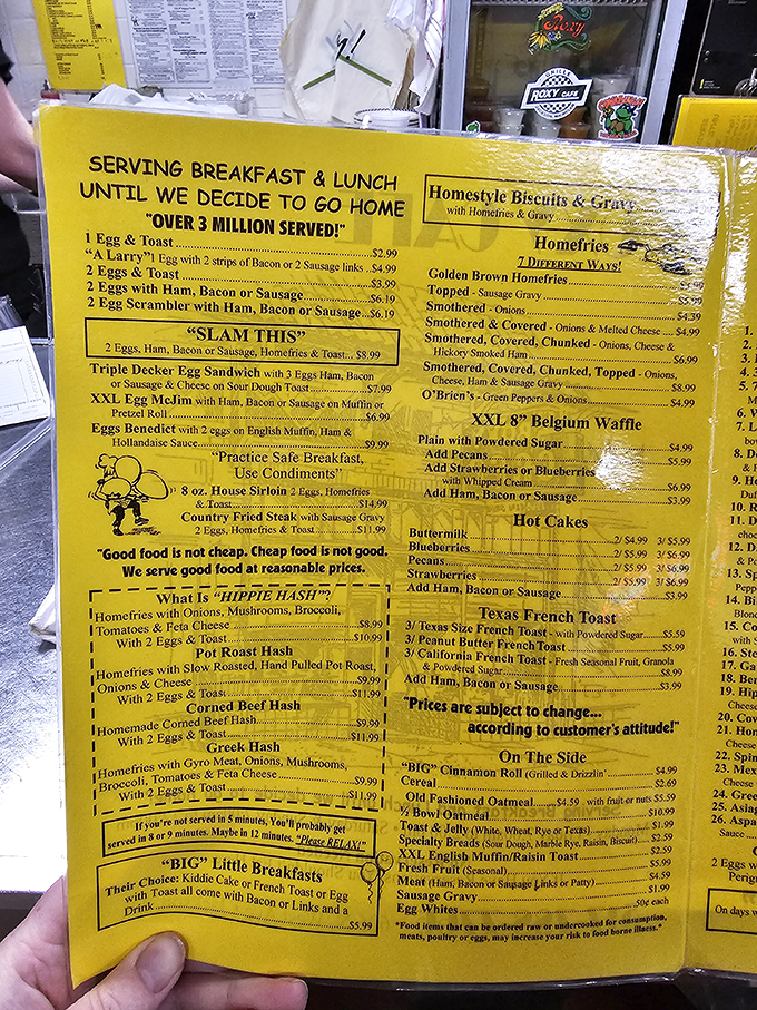 Behold, the sacred text of comfort food! This menu is a treasure map leading to culinary gold, with "Hippie Hash" that'll make you want to tie-dye your taste buds.