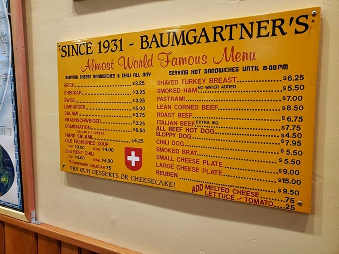 Behold, the "Almost World Famous Menu"! A yellow beacon of hope for hungry souls and a testament to inflation-defying prices.