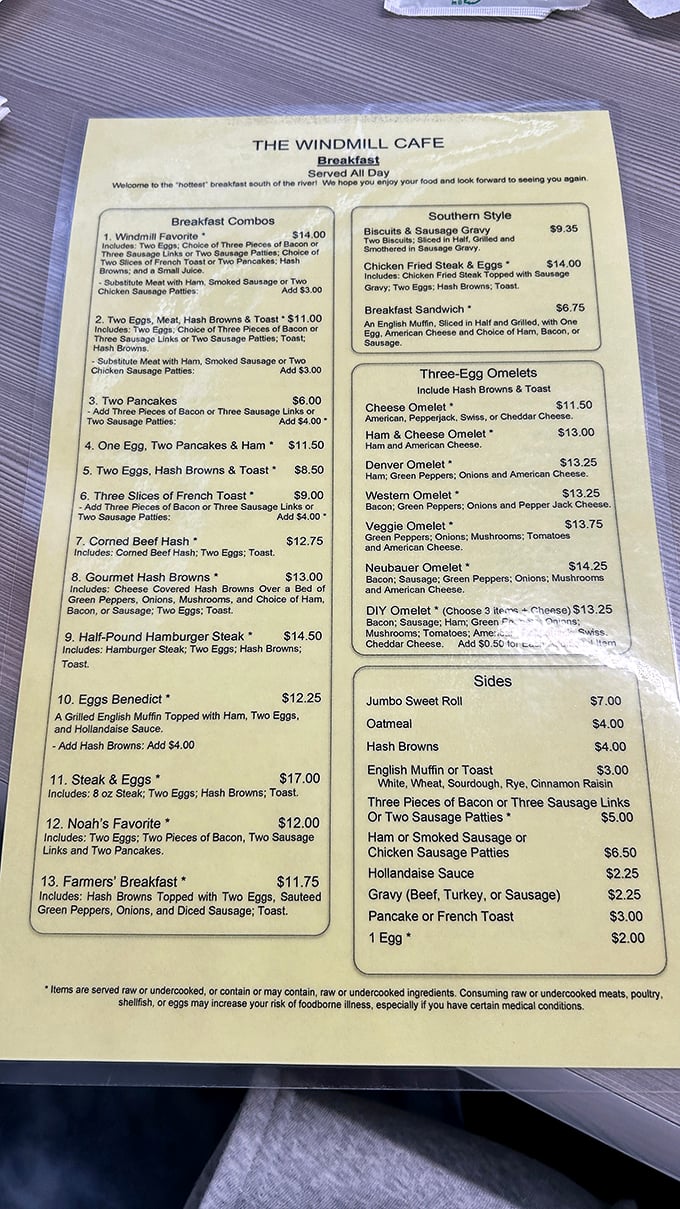 Behold, the sacred text of breakfast lovers! This menu is a treasure map of comfort food classics, each dish a potential adventure for your taste buds.