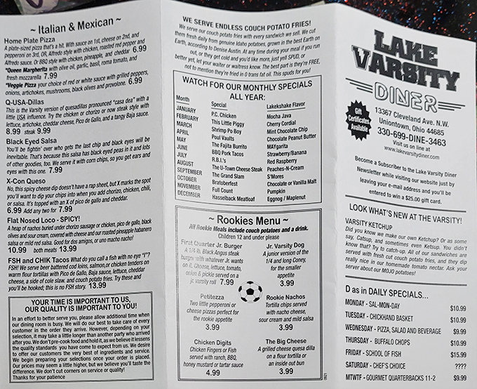 Menu madness! With options ranging from 'Home Plate Pizza' to 'X-Con Queso', this menu reads like a culinary adventure novel. Bring your appetite and your sense of humor!