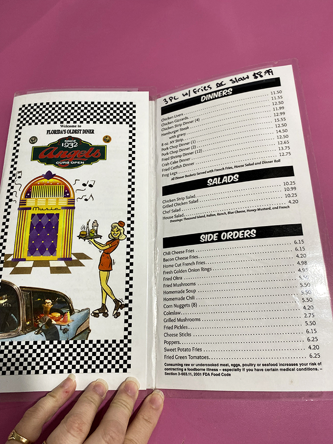 Menu magic: Where else can you find "3 pc w/ Grits & Slaw" next to a jukebox illustration? It's like "Happy Days" meets "Designing Women."