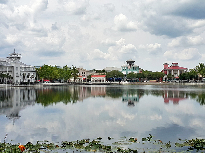 Celebration's waterfront promenade sparkles with holiday spirit. It's as if Santa's elves decided to open a beach resort!