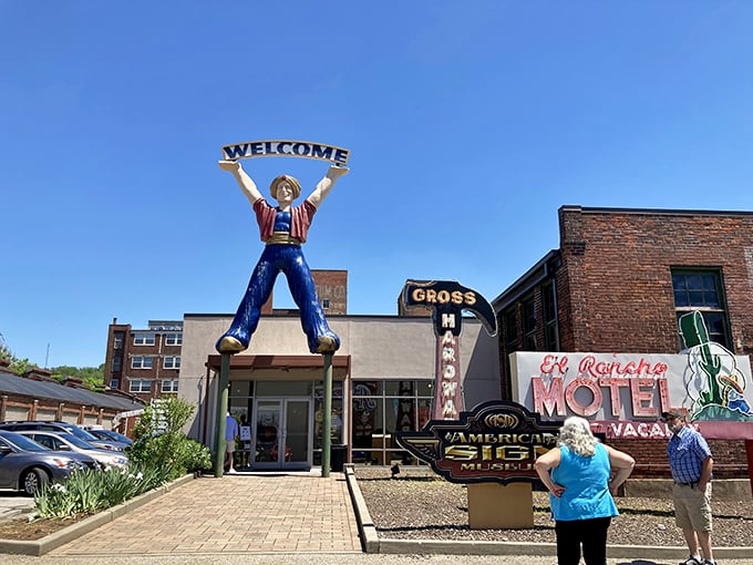 Follow the signs to nostalgia! This electrifying stop is like driving through decades of roadside Americana in one dazzling building.