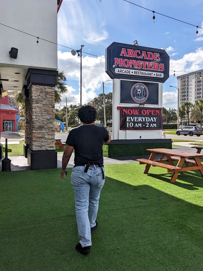 Nostalgia alert! Arcade Monsters' sign promises a trip down memory lane, with a side of modern-day excitement.