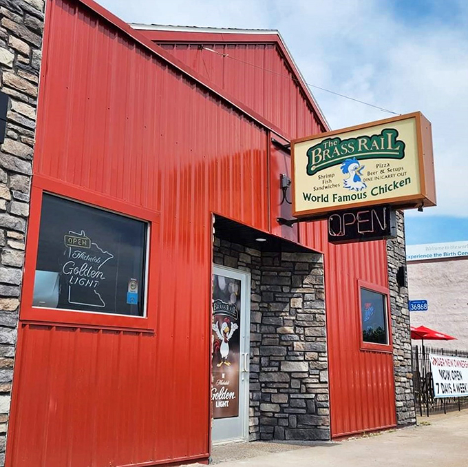 Red alert for chicken lovers! The Brass Rail's exterior is as bold as its world-famous fowl.