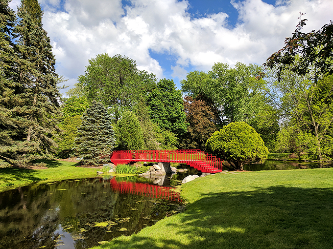 Red alert! Dow Gardens' bridge isn't just for crossing streams&mdash;it's for making your heart skip a beat with its vibrant hue.