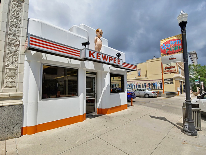 White castle? No, it's a white burger paradise! Kewpee's facade is a roadside beacon of hope.