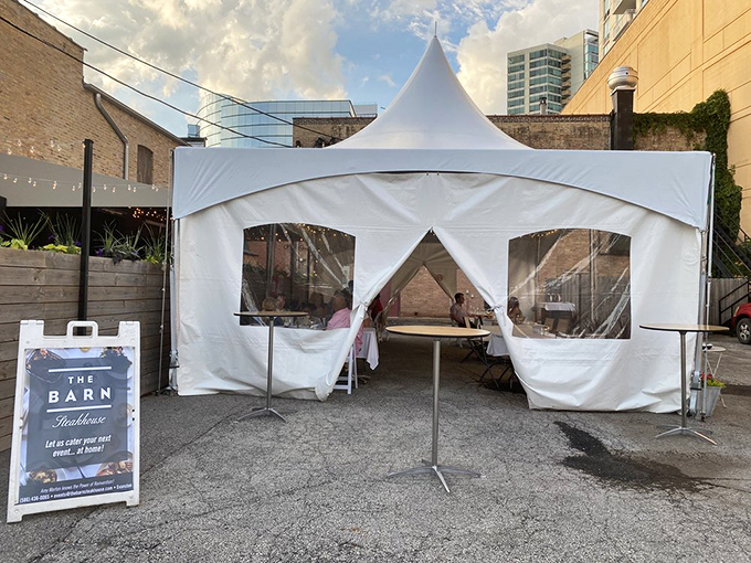 No hay bales here! The Barn's sleek white tent promises a dining experience that's anything but rustic.