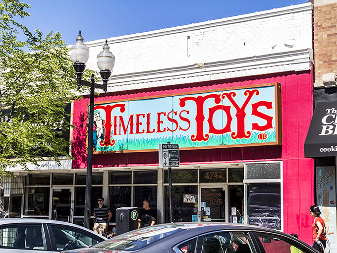 Red alert! This vibrant storefront is your portal to a world where fun never goes out of style.