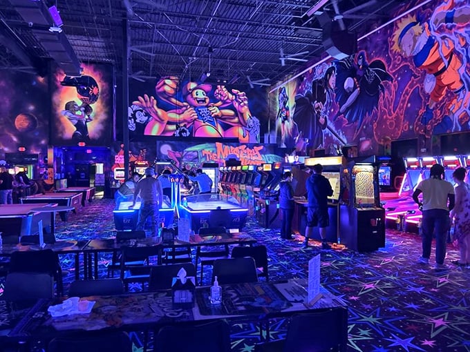 Neon dreams come true inside this gaming paradise, where joysticks reign supreme and high scores are holy grails.