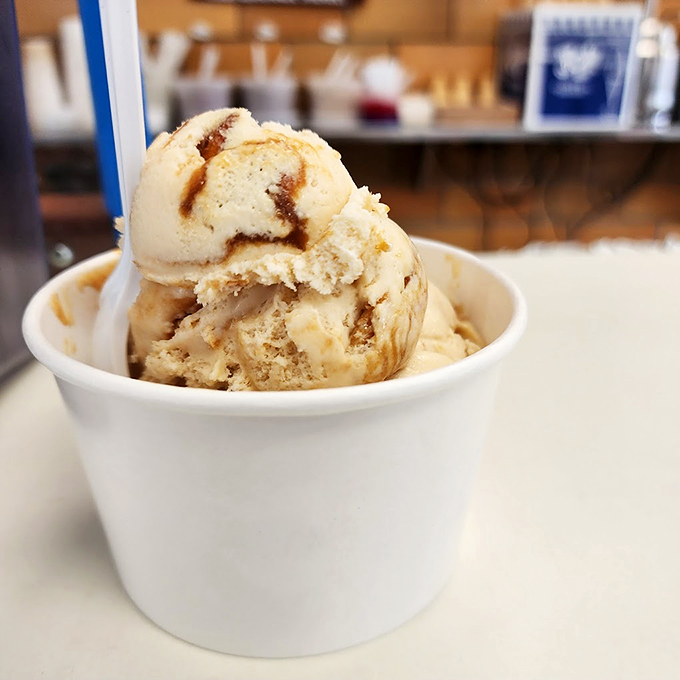 Caramel swirls dancing in creamy bliss! This scoop looks so good, it might just solve world peace... or at least your afternoon cravings.