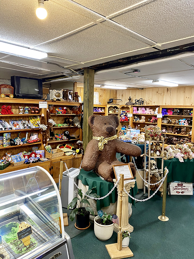 Who says teddy bears are just for kids? This cuddly chocolate ambassador stands guard over a wonderland of plush pals. It's a bear necessity for any chocolate lover's visit!