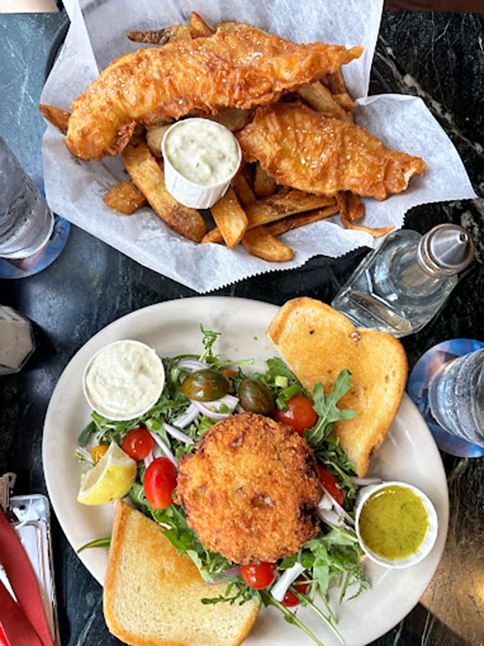 Golden, crispy perfection meets fluffy potato heaven. This fish and chips plate is so good, it might just make you break into an Irish jig.
