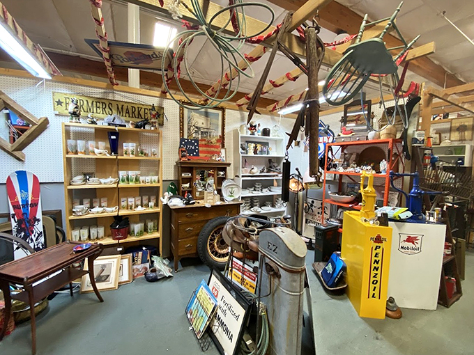 Farmer's Market meets time machine in this rustic corner. It's like your grandpa's garage sale, but with better organization and fewer stories about "the good old days."