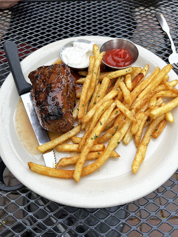 Steak frites: Where beefy perfection meets crispy potato heaven. A classic combo that never goes out of style.