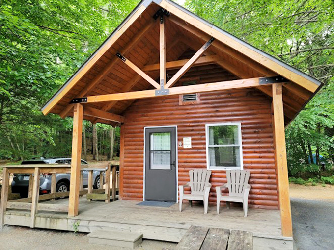 Log cabin goals! This little slice of woodland heaven is where Thoreau meets modern comfort. Time to channel your inner pioneer, folks!