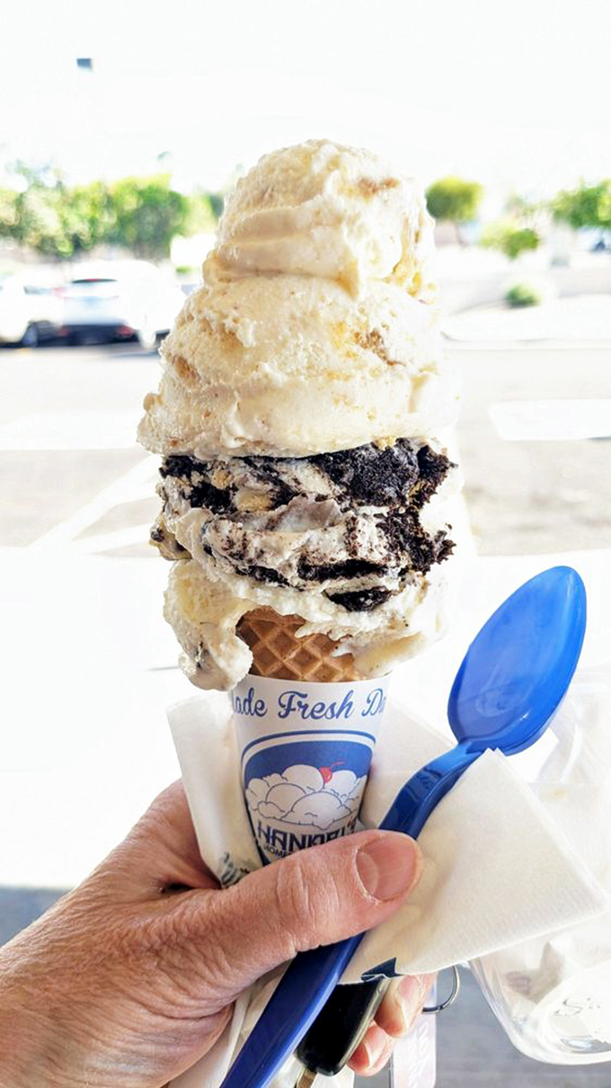 Cookies and cream, oh my dream! This towering scoop is a monochrome masterpiece that would make Oreo's inventors weep with joy.