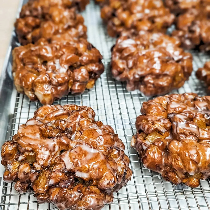 Like edible modern art, these apple fritters are a study in texture and glaze. Each one tells a different delicious story.