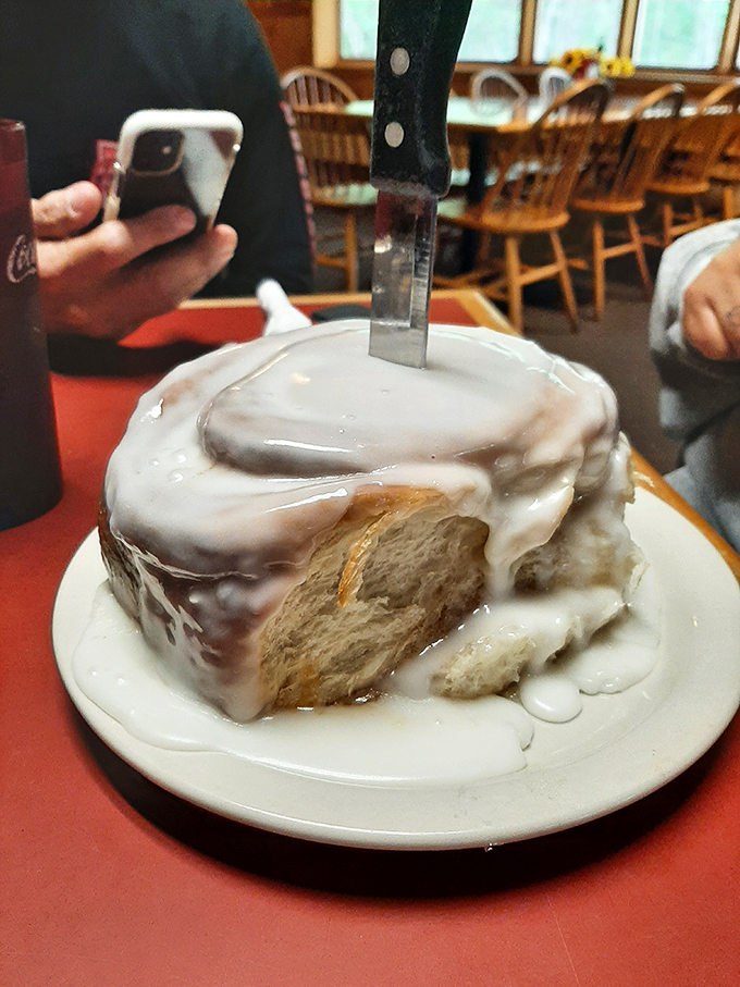 Holy sweetroll, Batman! This cinnamon-swirled behemoth isn't just breakfast, it's a full-blown sugar-coated adventure. Fork and knife required, no shame in drooling.