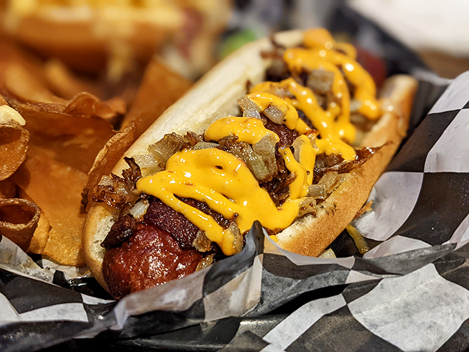 Behold, the Picasso of hotdogs! This masterpiece of melty cheese and savory toppings is a work of art you can actually eat.