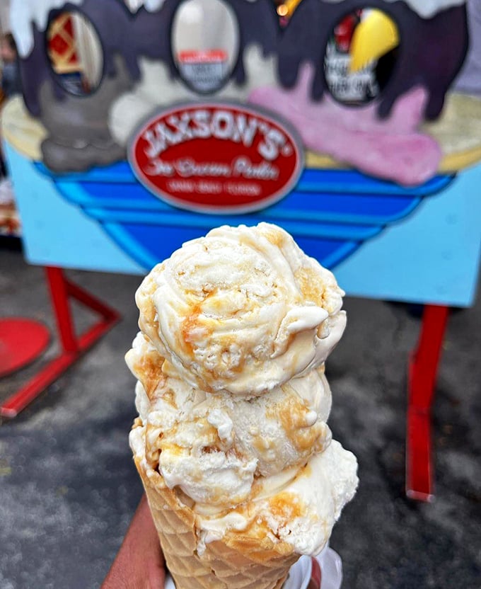Behold, the tower of dairy delight! This cone isn't just dessert; it's a gravity-defying feat of frozen engineering.