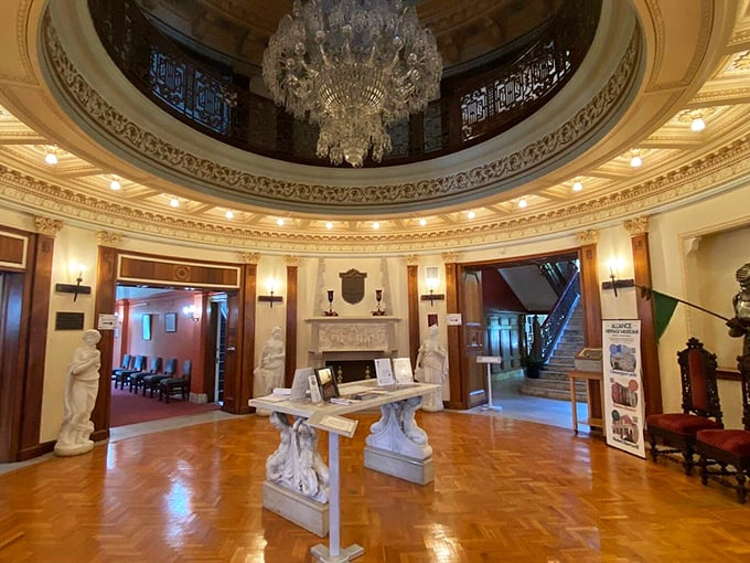 "Talk about a grand entrance! This foyer's chandelier is so fancy, it probably has its own Instagram account."
