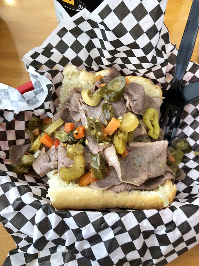 Behold the Italian beef sub in all its glory! This sandwich is so packed, it's practically bursting at the seams. Napkins required, but totally worth it.