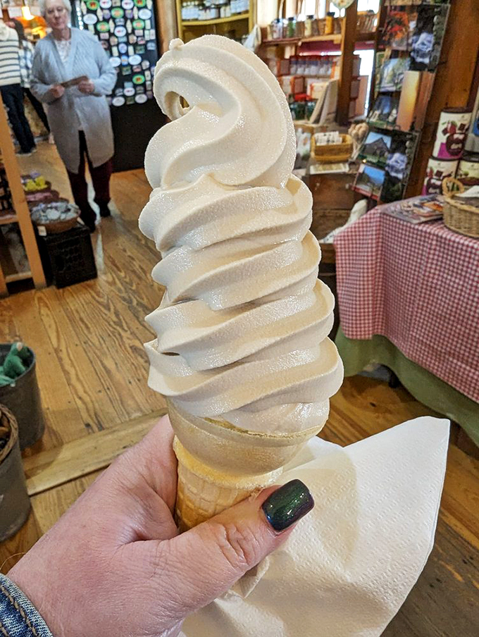 Behold, the Everest of ice cream! This towering maple cream cone is a sweet-tooth's Kilimanjaro.