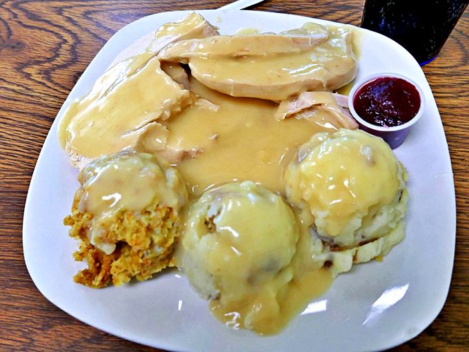 Mashed potato mountains drowned in gravy lava, with turkey islands peeking through. It's a comfort food landscape that would make Bob Ross weep.