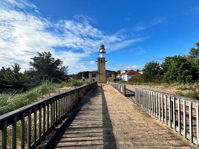 All aboard the time-travel express! This wooden walkway leads straight to a maritime marvel, no DeLorean required.