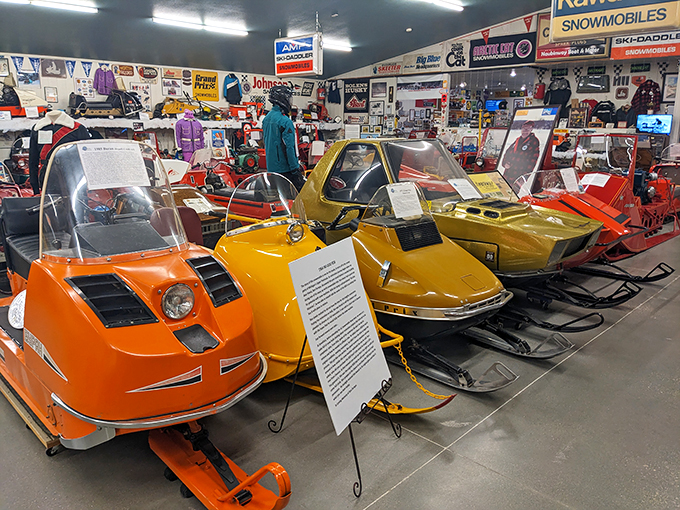 From sleek speedsters to boxy beauties, these vintage snowmobiles are a colorful chorus line of winter wanderlust.