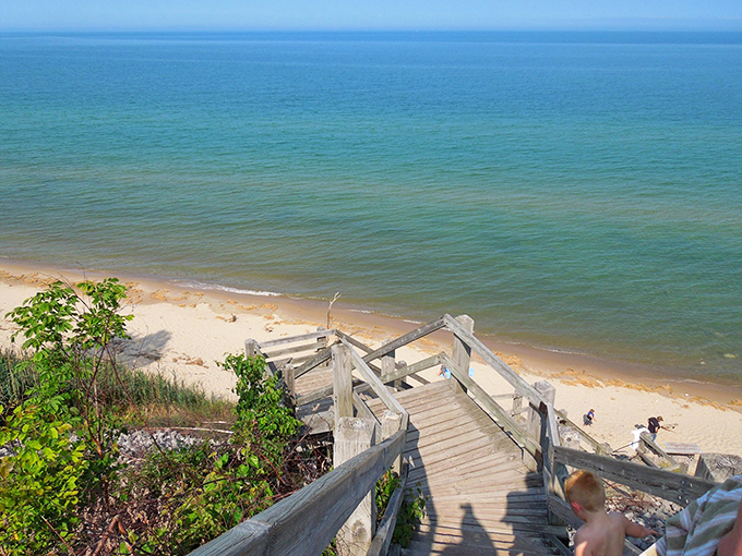 Stairway to heaven? Nope, just the path to Lake Michigan's embrace. Each step brings you closer to beach bliss.