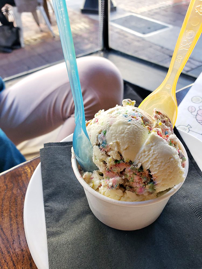 Unicorn dreams do come true! This swirly masterpiece is what happens when rainbows and ice cream have a delicious baby.