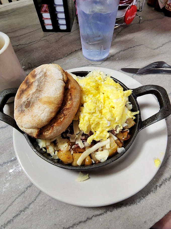 The Vermonter Skillet: where eggs, potatoes, and local charm collide in a cast-iron embrace. It's comfort food with a Green Mountain State of mind.