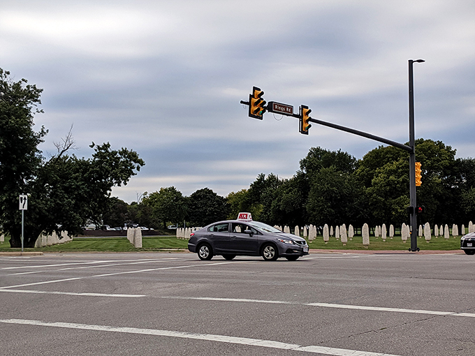 Rush hour at Cornhenge! Even the traffic lights seem bemused by this quirky roadside attraction.