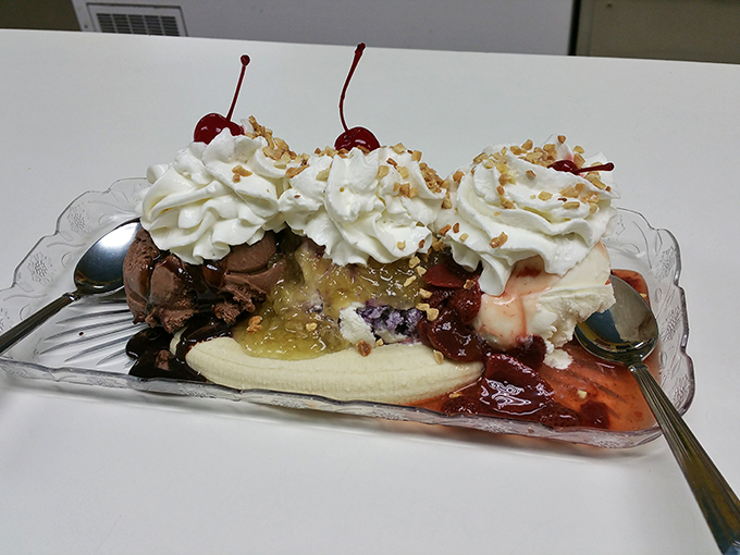 Holy banana split, Batman! This classic dessert gets a superhero upgrade at Vicky's, with generous scoops and toppings galore.