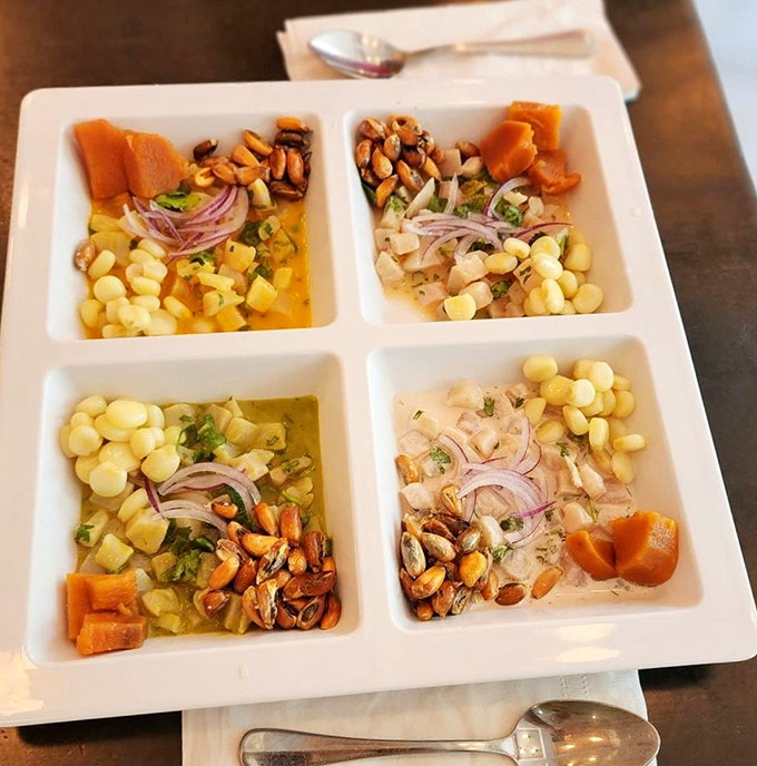A quartet of ceviche that's like a beach vacation for your taste buds. Fresh, zesty, and guaranteed to make you do the happy food dance.