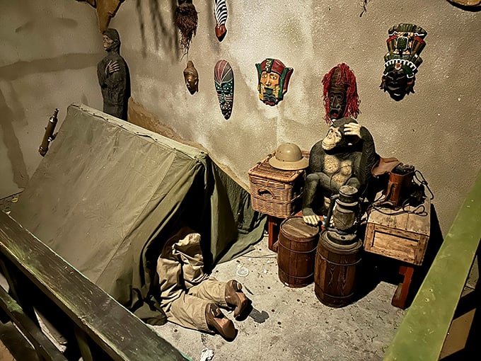 From tribal masks to dusty tents, this scene screams 'intrepid explorer.' Just don't expect to find the Holy Grail... or cell service.